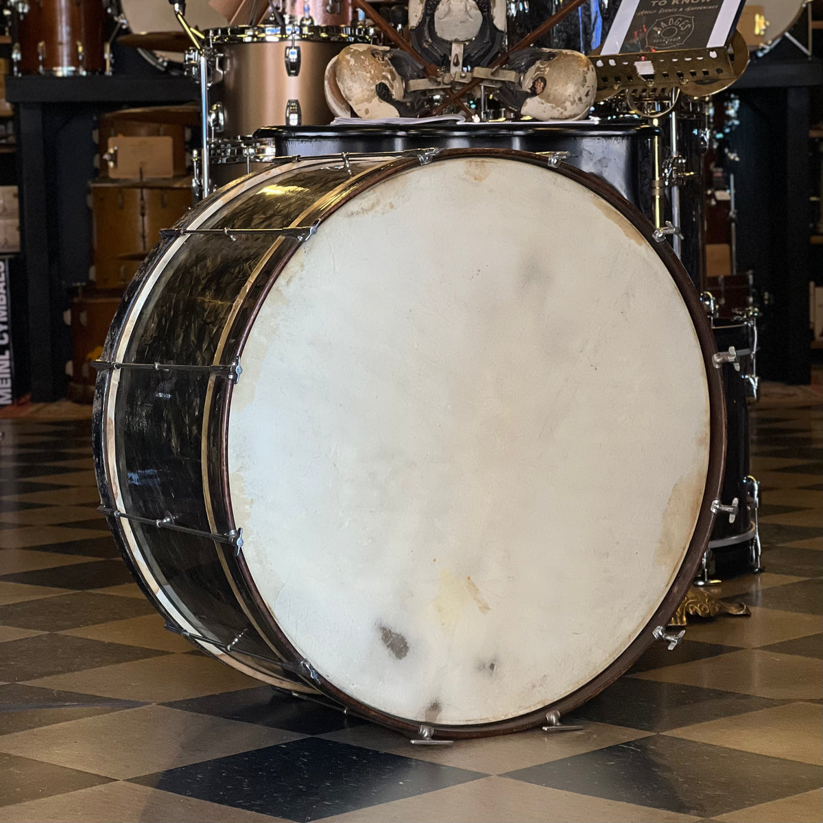Vintage 1940s Leedy 14x28 Spartan Bass Drum In Black Diamond Pearl Badges Drum Shop