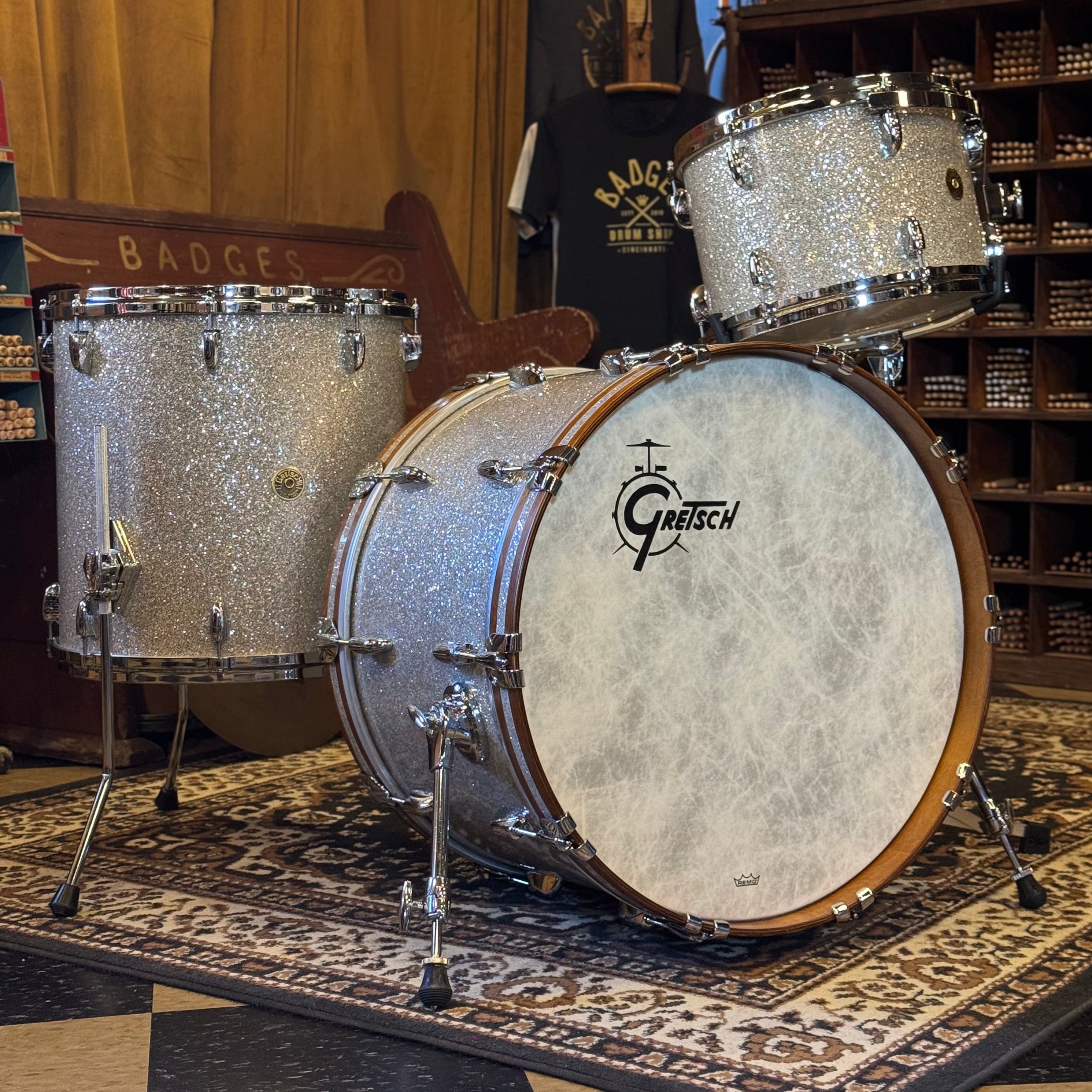 NEW Gretsch USA Custom in Silver Glass Glitter w/ Satin Mahogany Bass ...